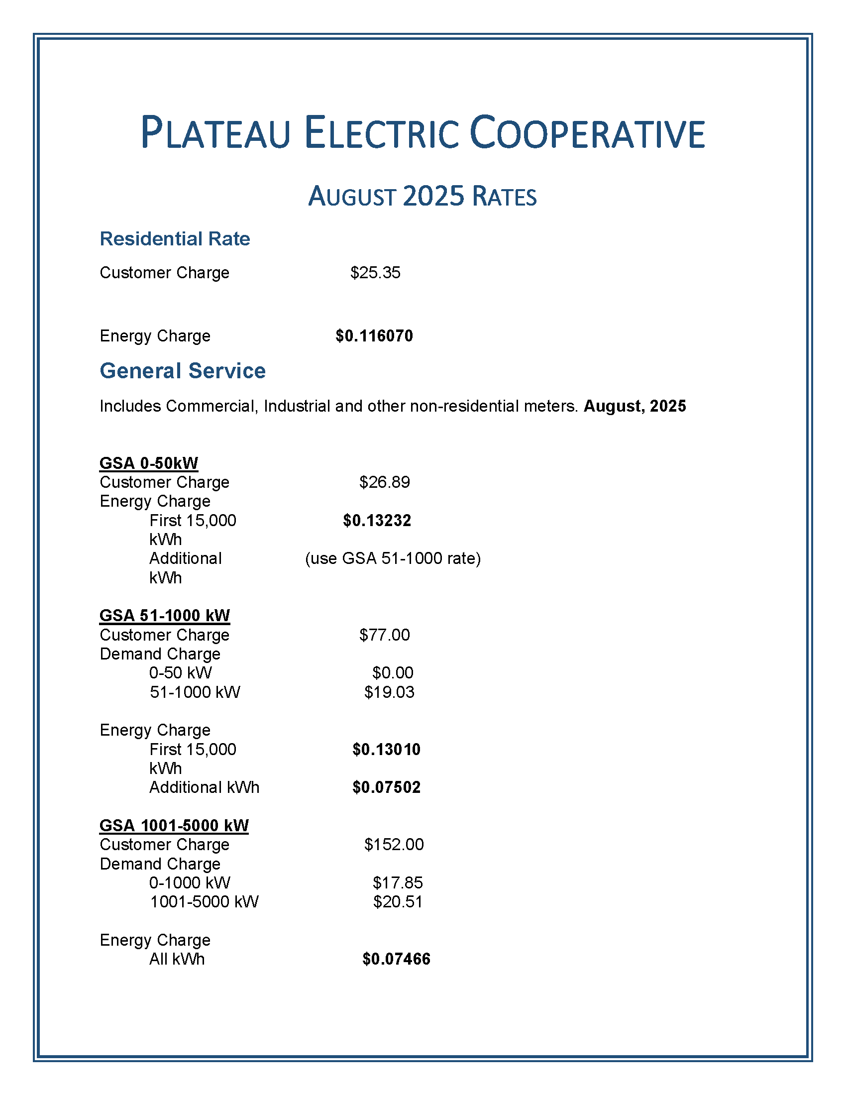 Rates 2025 - Plateau Electric Cooperative